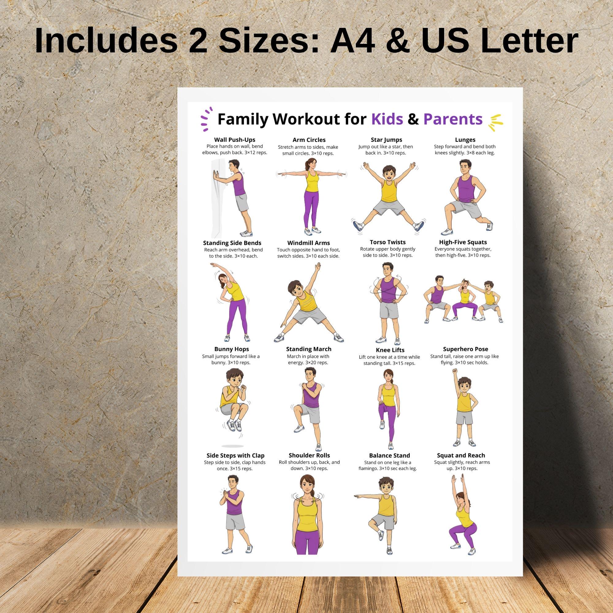 Family Workout for Kids & Parents Printable, Fun Home Exercises Chart ...