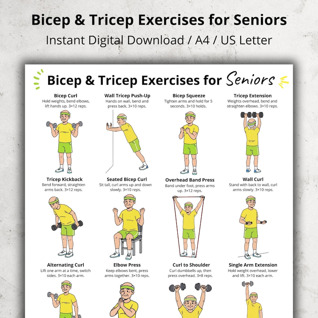 Bicep and Tricep Exercises for Seniors, Chair Arm Workout Printable ...