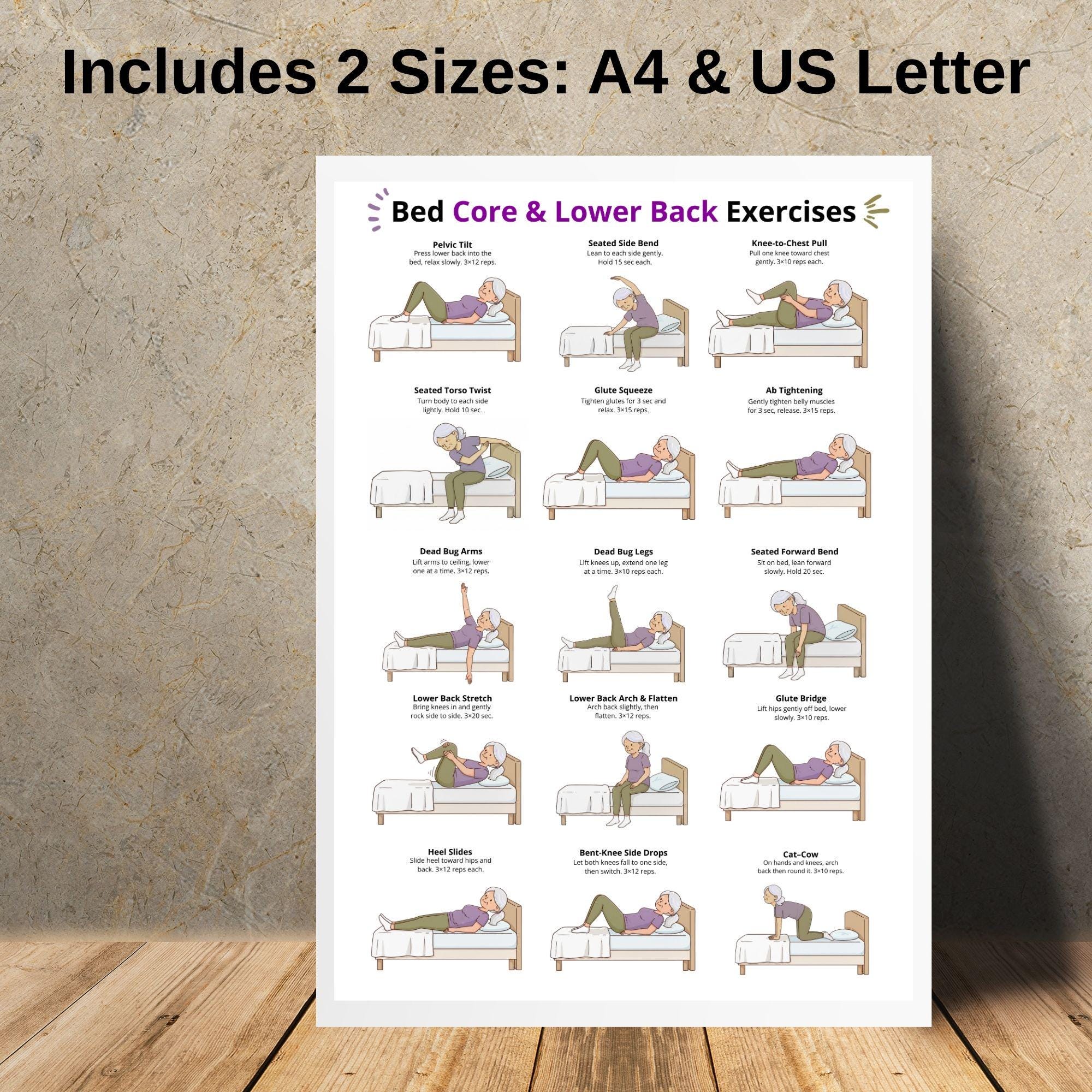 Bed Core & Lower Back Exercises for Seniors, Bed Exercise Poster for ...