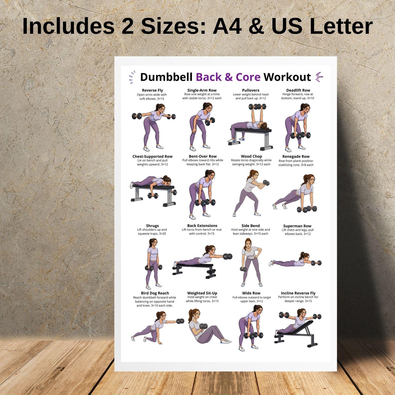 Dumbbell Back & Core Workout Poster, Back Exercise Chart, Core ...