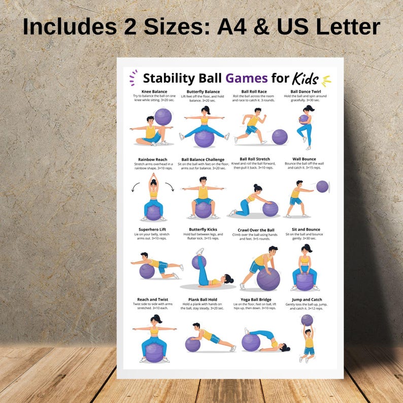 Stability Ball Games for Kids Poster, Exercise Ball Activities Chart ...