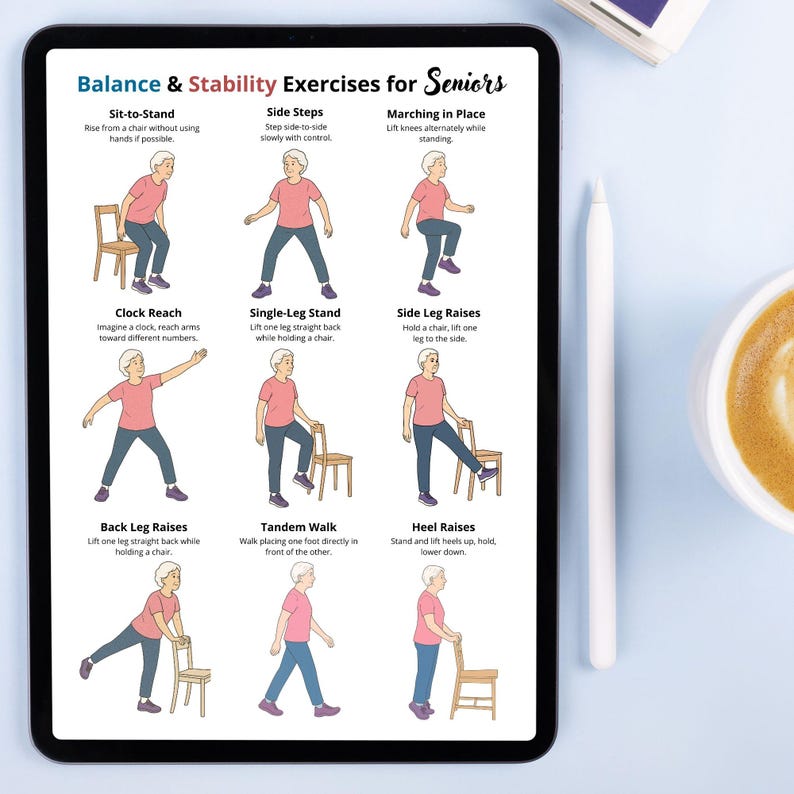 Balance & Stability Exercises for Seniors – Gentle Low Impact Workout Printable Chart, Senior ...