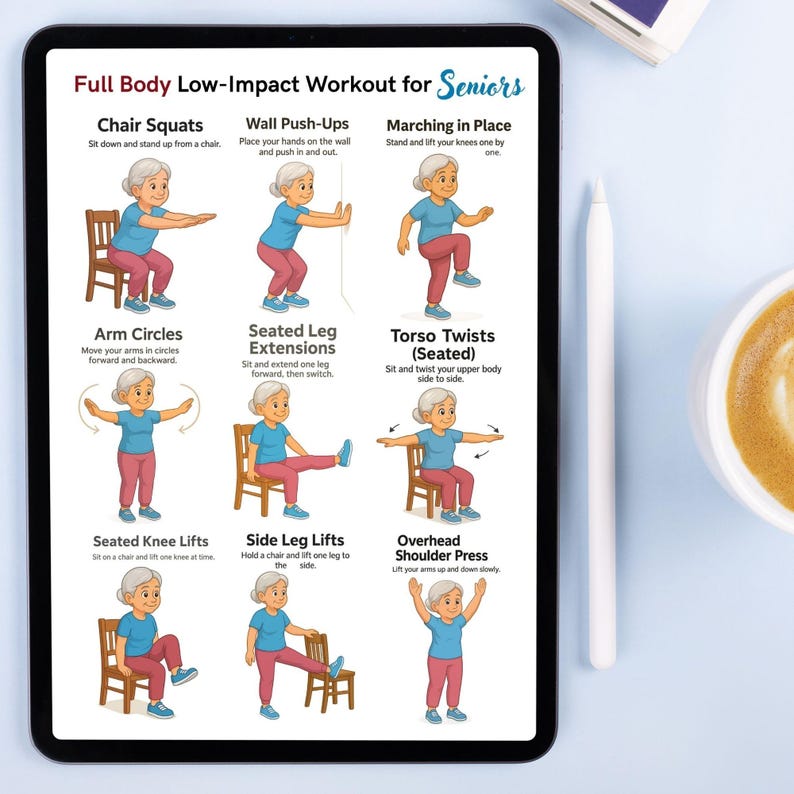 Senior Exercise Chart Printable – Low Impact Full Body Workout for Seniors, Chair & Wall ...