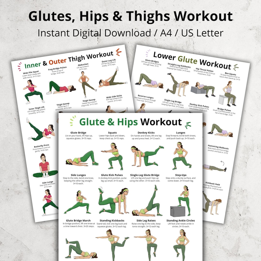 Glute, Hips & Thigh Workout Posters Set for Women, Lower Body Exercise ...