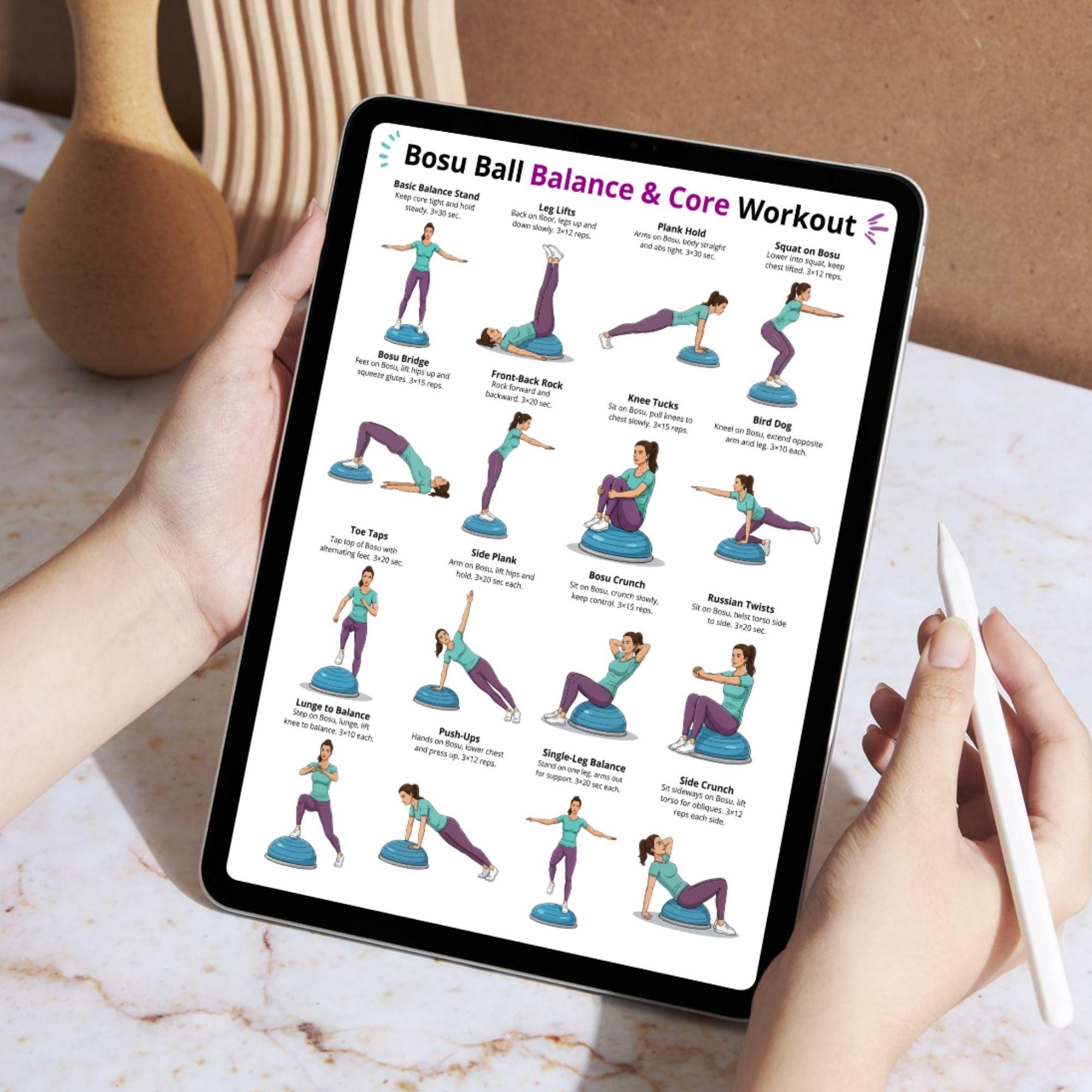 Half Ball Balance & Core Workout Poster, Stability Ball Balance ...