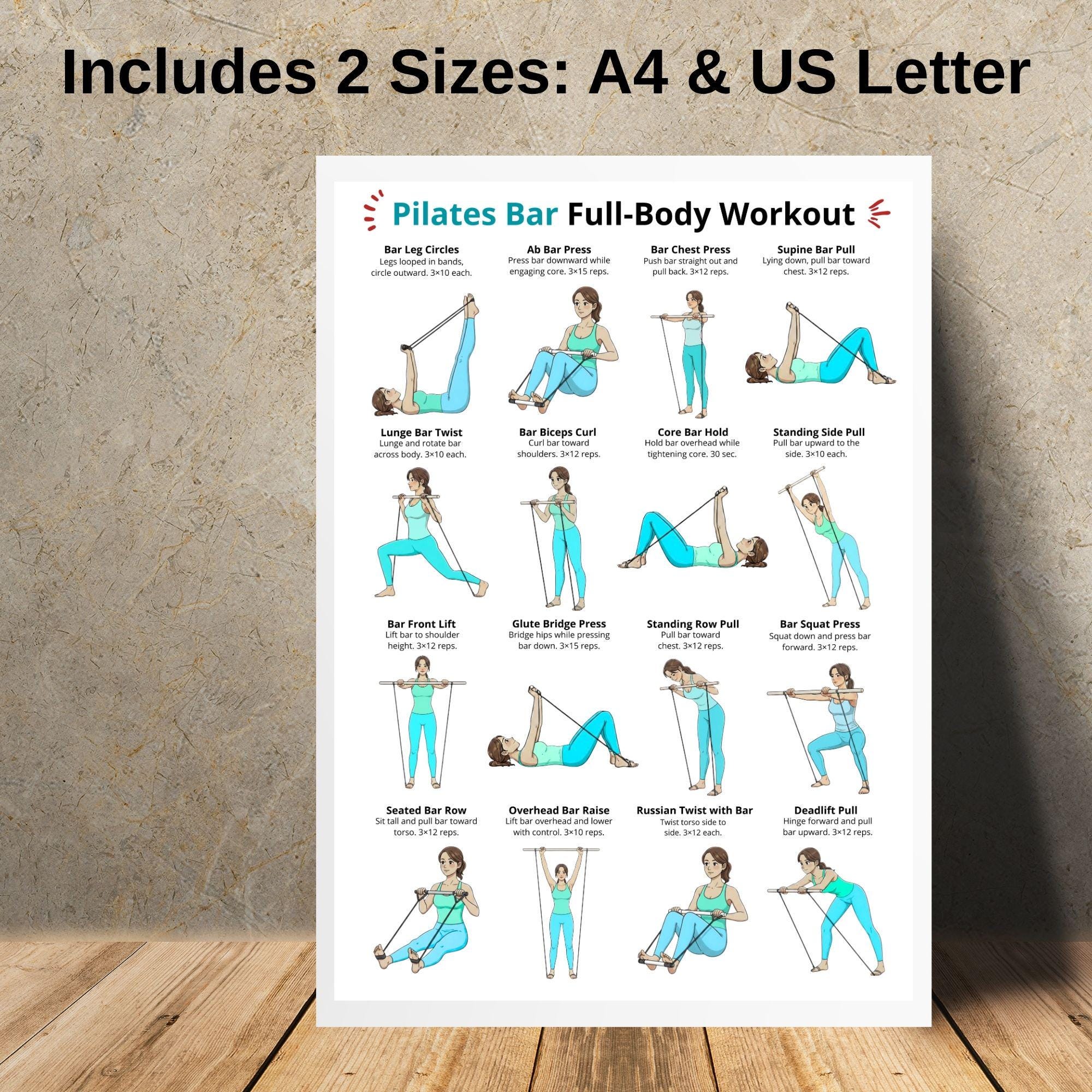 Pilates Bar Workout Poster, Full Body Exercise Chart Printable, Pilates ...