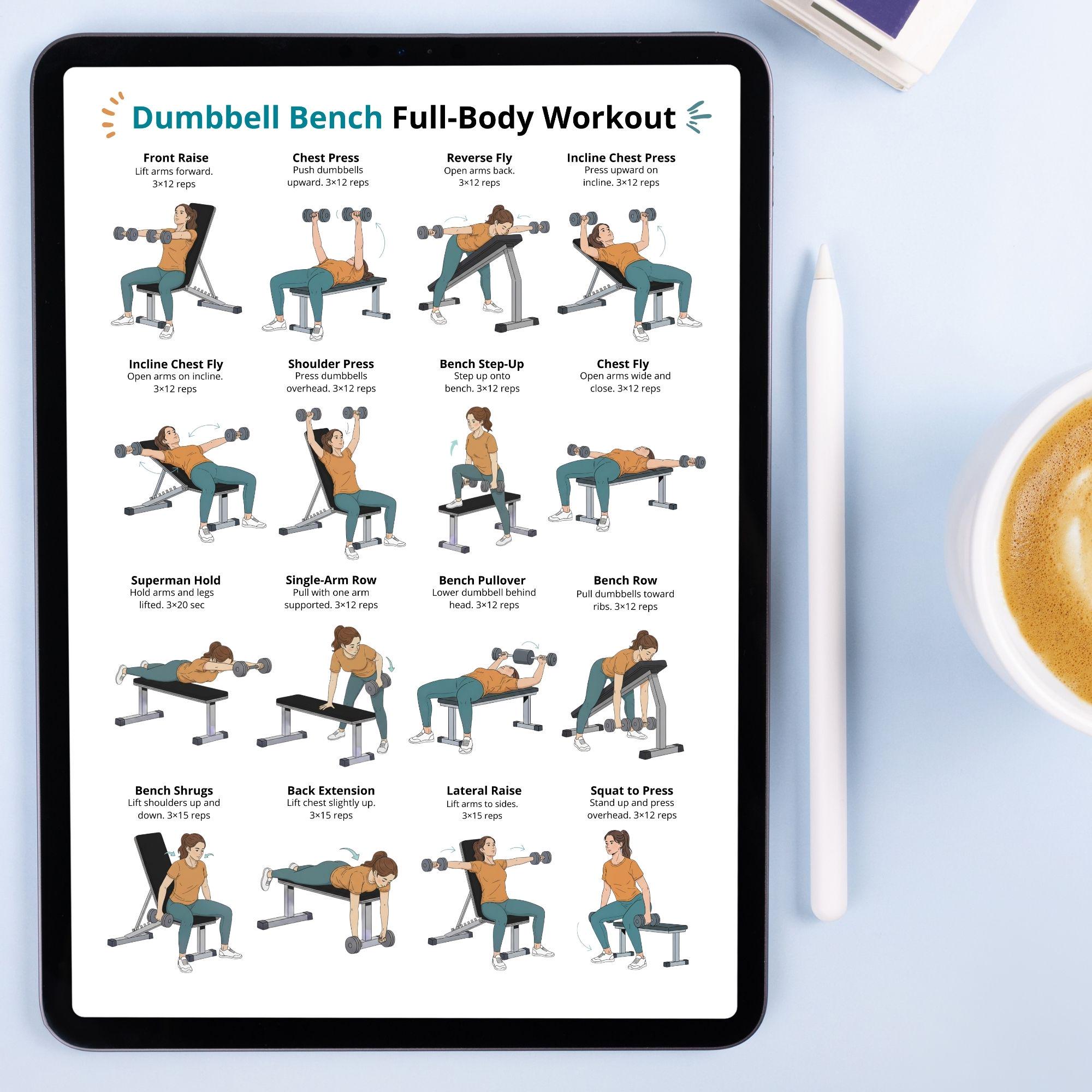 Dumbbell Bench Full Body Workout Printable, Upper Body Exercise Poster ...