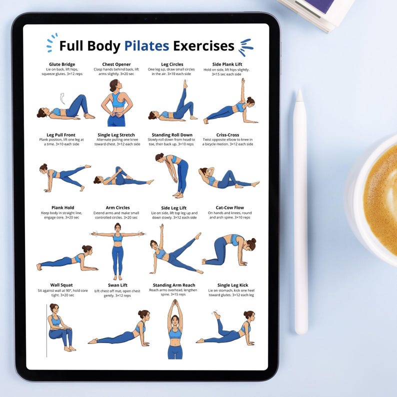Full Body Pilates Exercises Chart | Beginner Home Workout Poster for ...