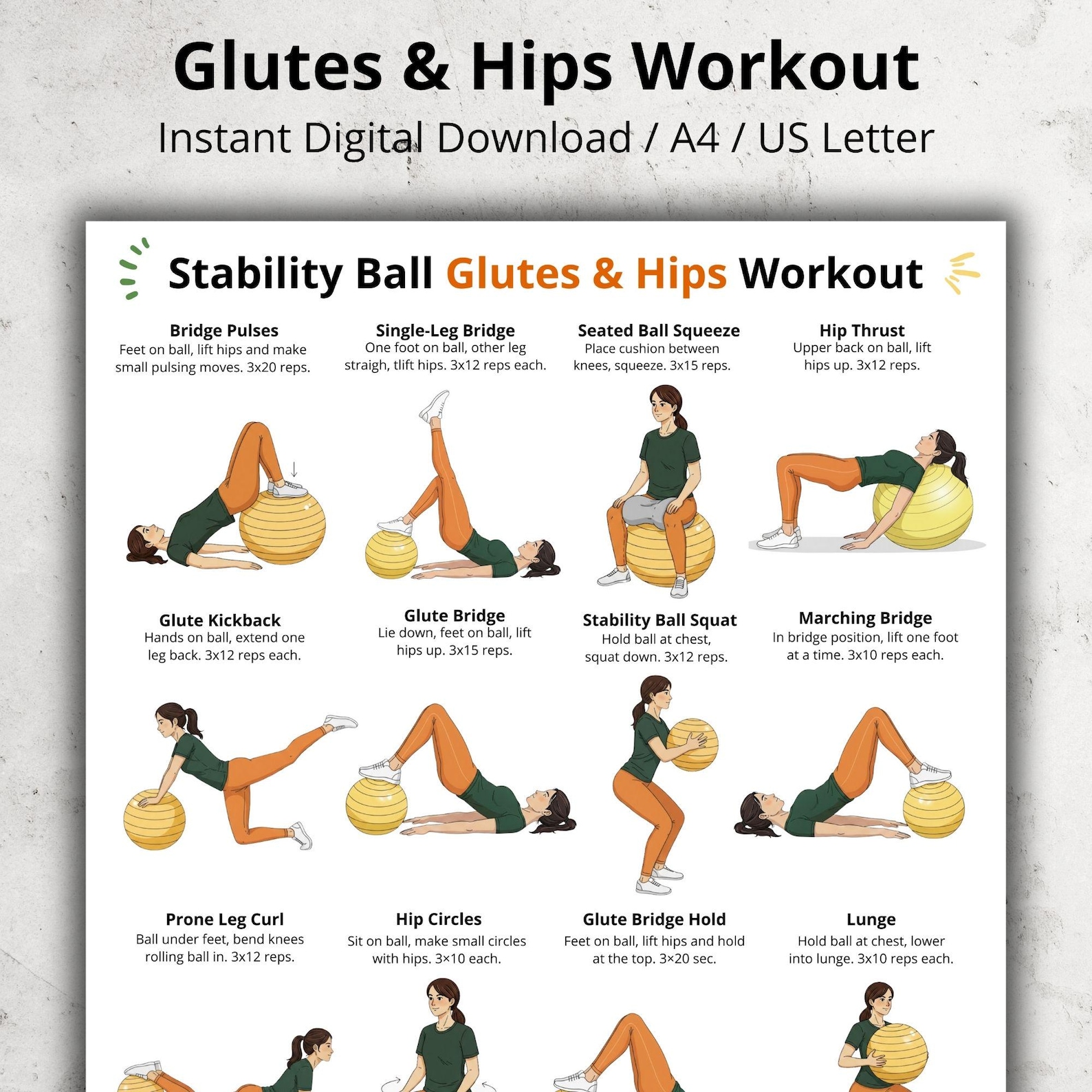 Stability Ball Glutes & Hips Workout Poster, Exercise Ball Printable ...