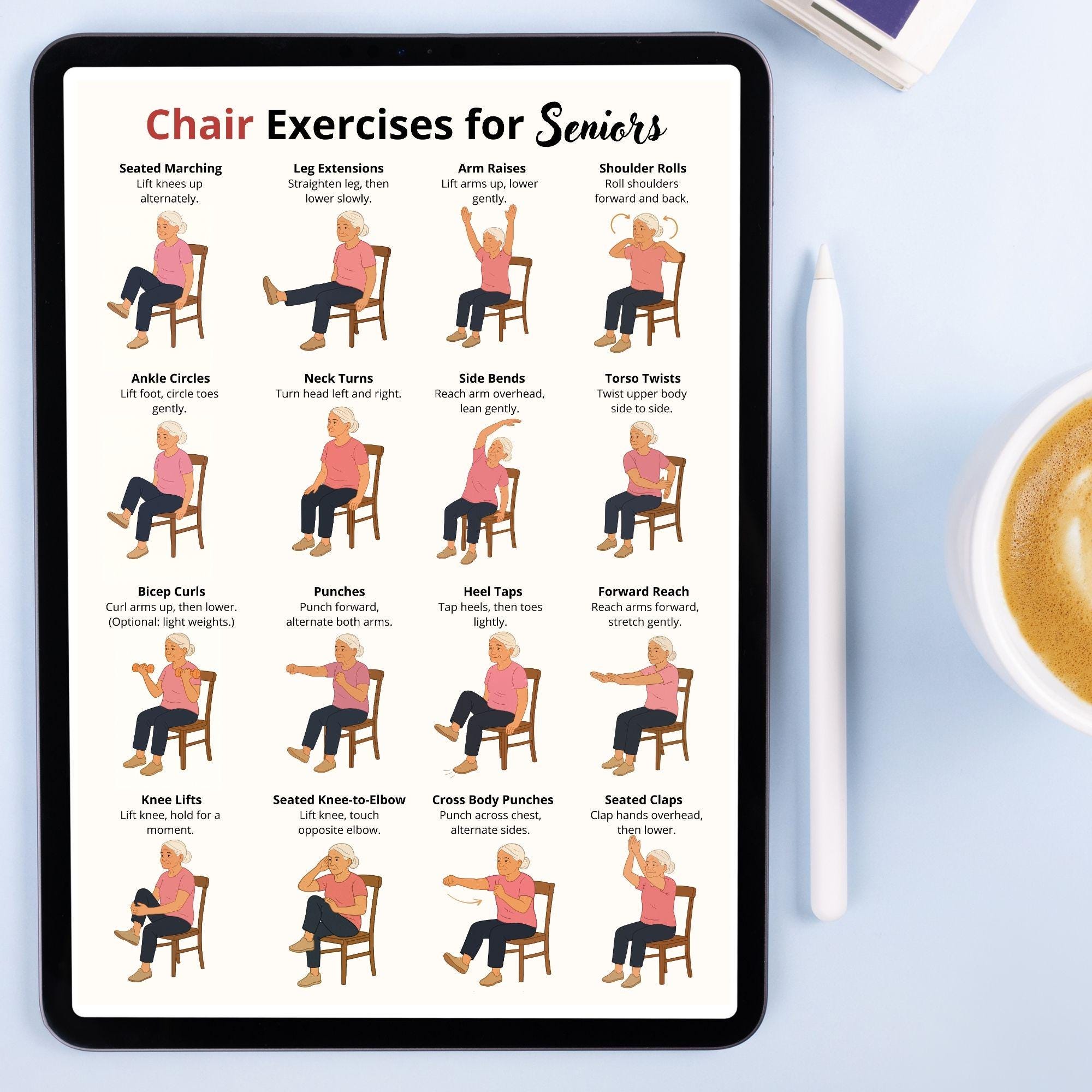 Chair Exercises for Seniors, Seated Exercise Chart PDF, Seated Workout ...