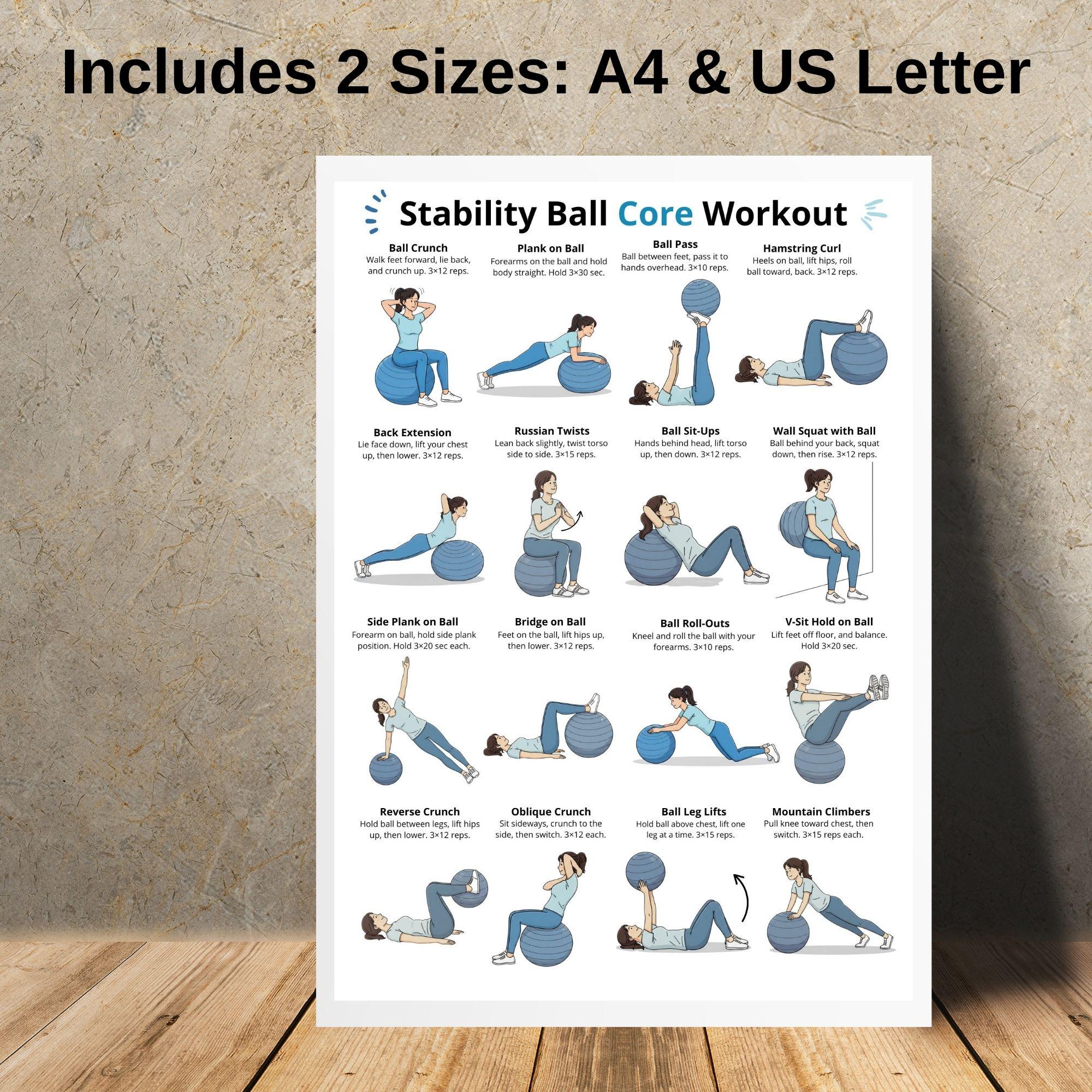 Stability Ball Core Workout, Exercise Ball Workout Chart, Core Workout ...