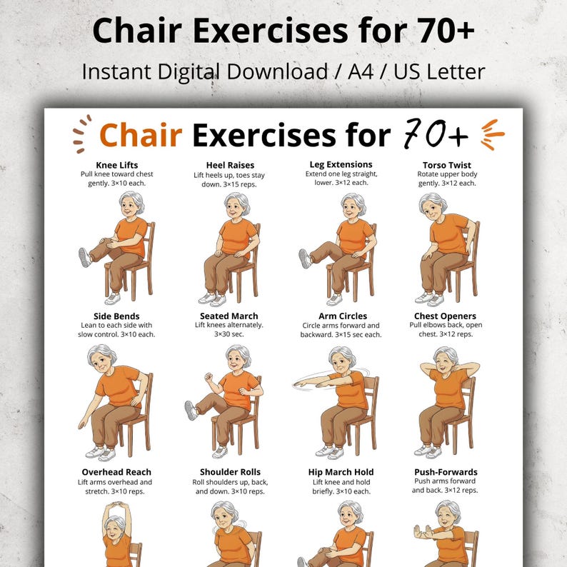 Chair Exercises for 70+ Printable, Senior Seated Routine Chart, Low ...