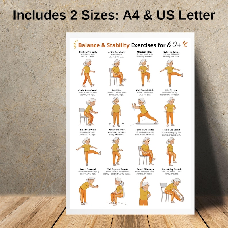 Balance & Stability Exercises for Seniors 60+ Poster, Chair Routine ...