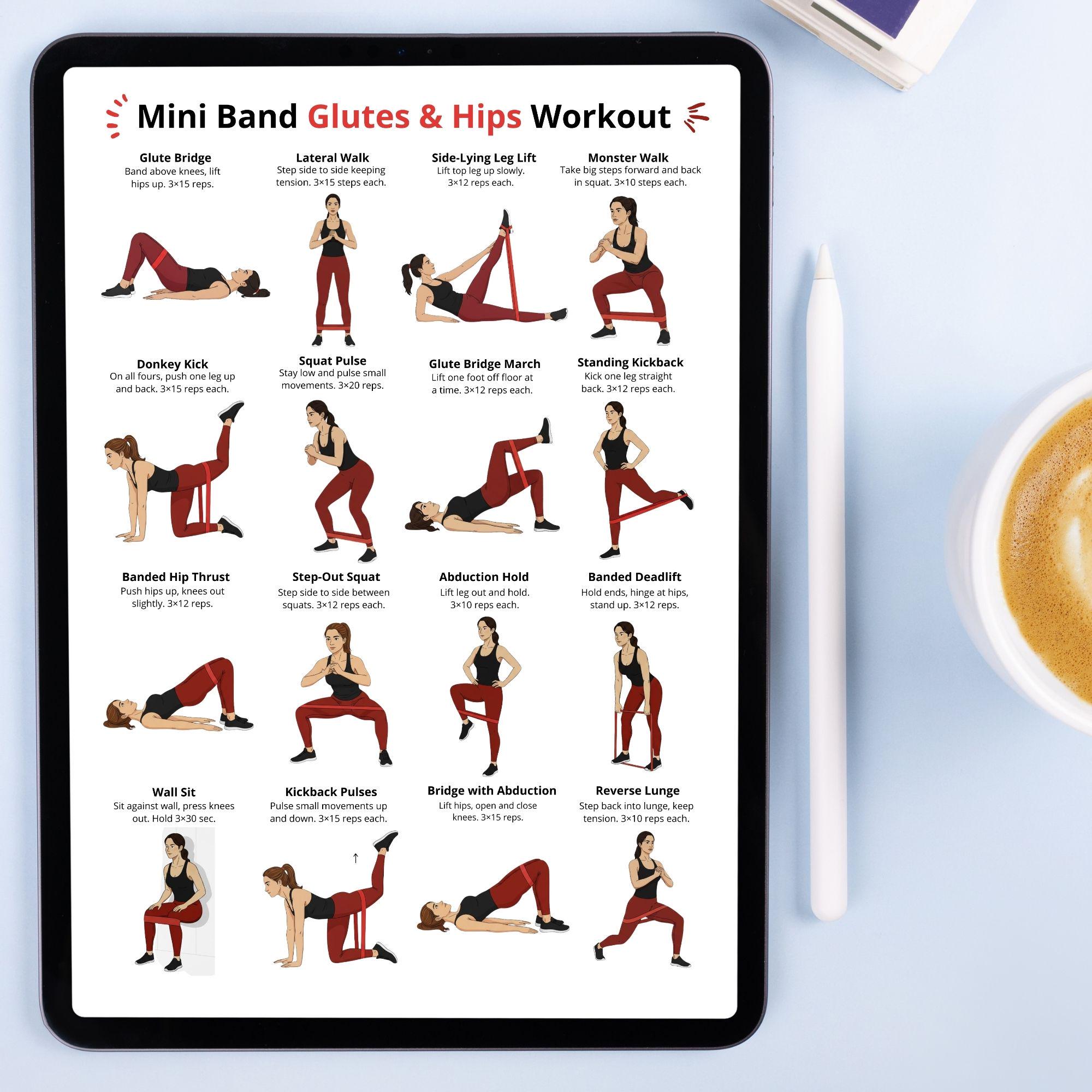 Mini Band Glutes & Hips Workout Poster, Resistance Band Exercise Chart ...