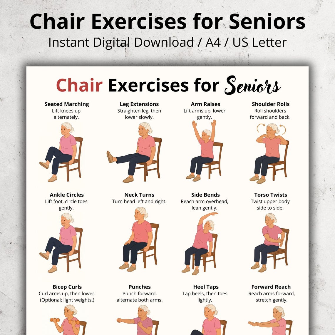 Chair Exercises for Seniors, Seated Exercise Chart PDF, Seated Workout ...