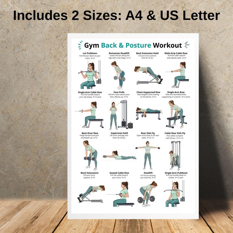 Gym Back & Posture Workout Poster, Back Exercises Chart PDF, Cable and ...