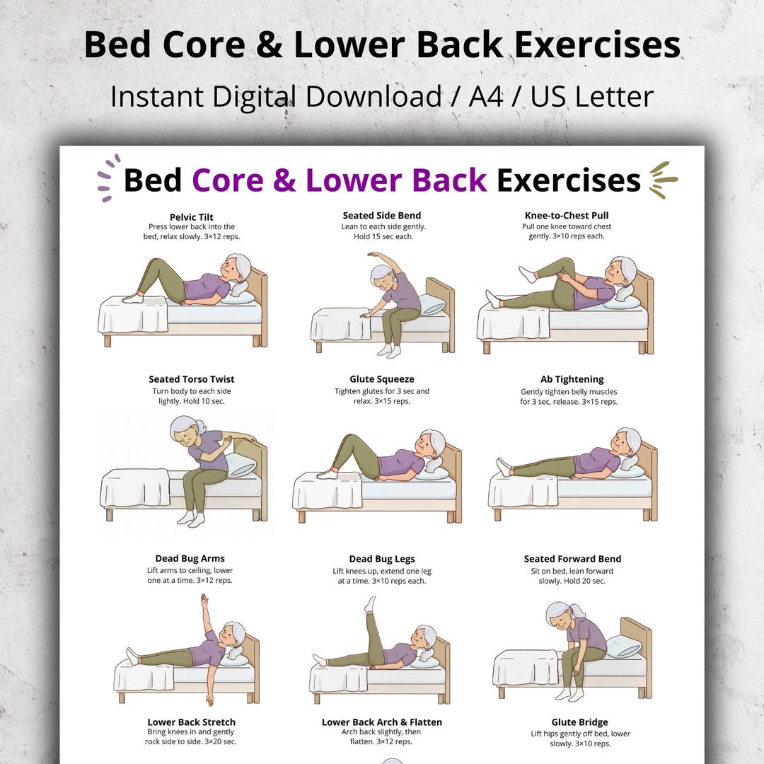 Bed Core & Lower Back Exercises for Seniors, Bed Exercise Poster for ...