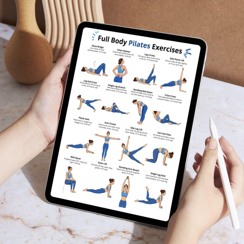 Full Body Pilates Exercises Chart | Beginner Home Workout Poster for ...