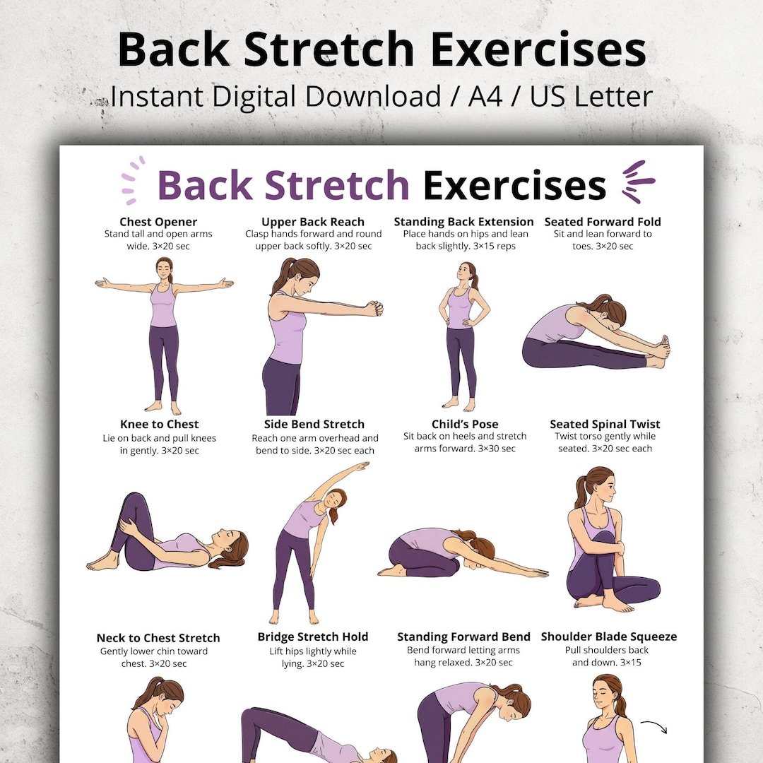 Back Stretch Exercises Chart, Upper & Lower Back Exercise Routine ...