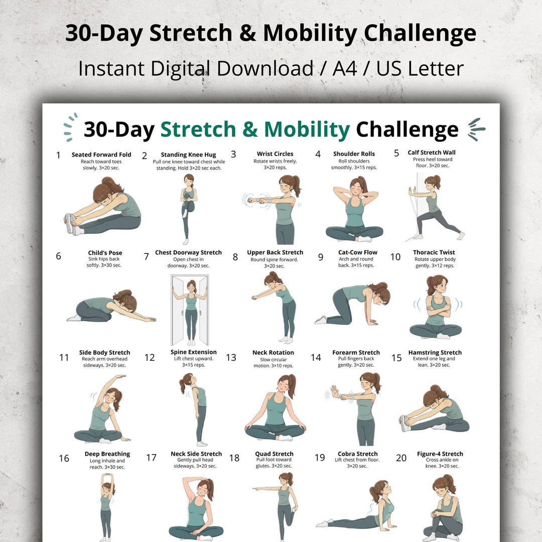 30 Day Stretch & Mobility Challenge Printable, Flexibility Poster ...