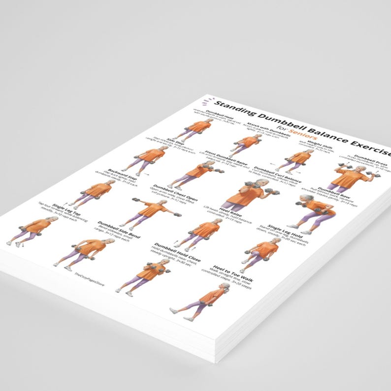 Standing Dumbbell Exercises for Seniors, Balance Printable Poster PDF ...