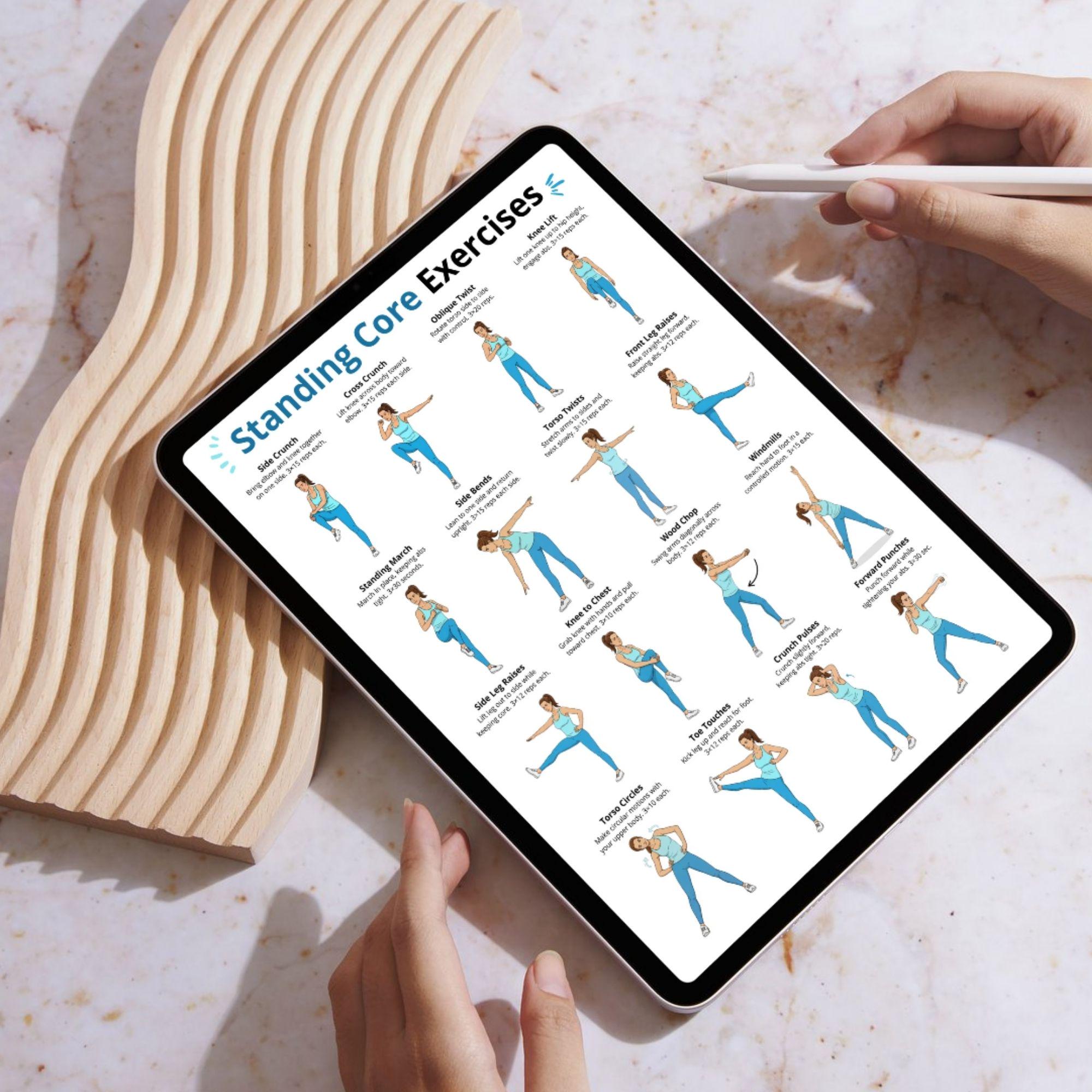 Standing Core Exercises Chart | Gentle Standing Ab and Oblique Workout ...