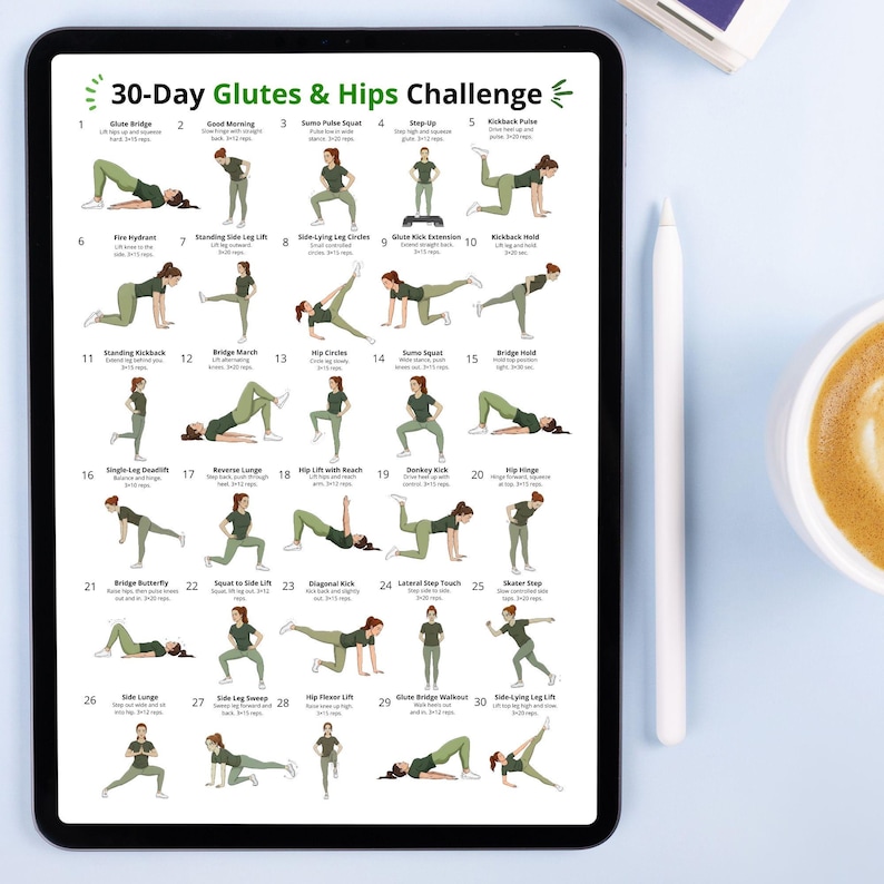 30 Day Glutes & Hips Challenge Poster, Lower Body Exercise Chart, Home ...