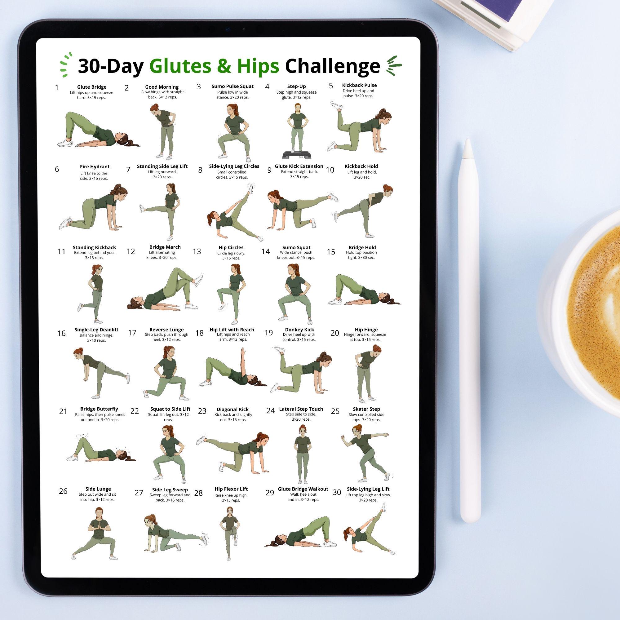 30 Day Glutes & Hips Challenge Poster, Lower Body Exercise Chart, Home ...
