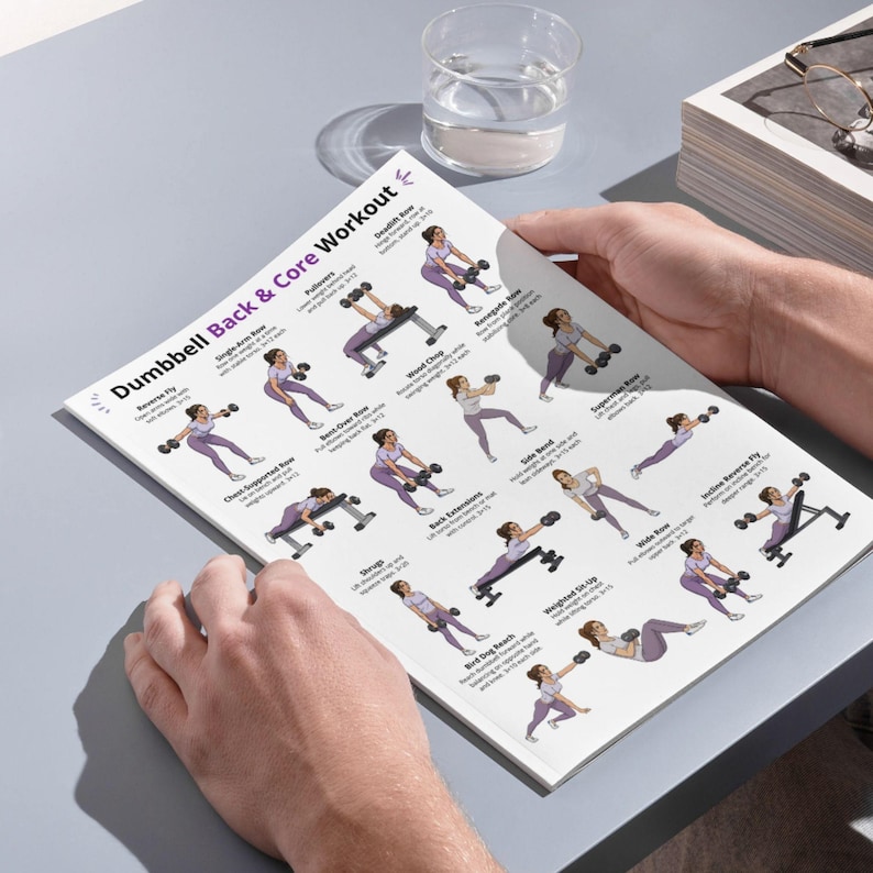 Dumbbell Back & Core Workout Poster, Back Exercise Chart, Core ...