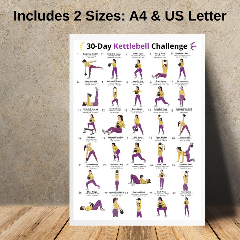 30-day Kettlebell Challenge Poster, Kettlebell Workout Chart, Full Body ...
