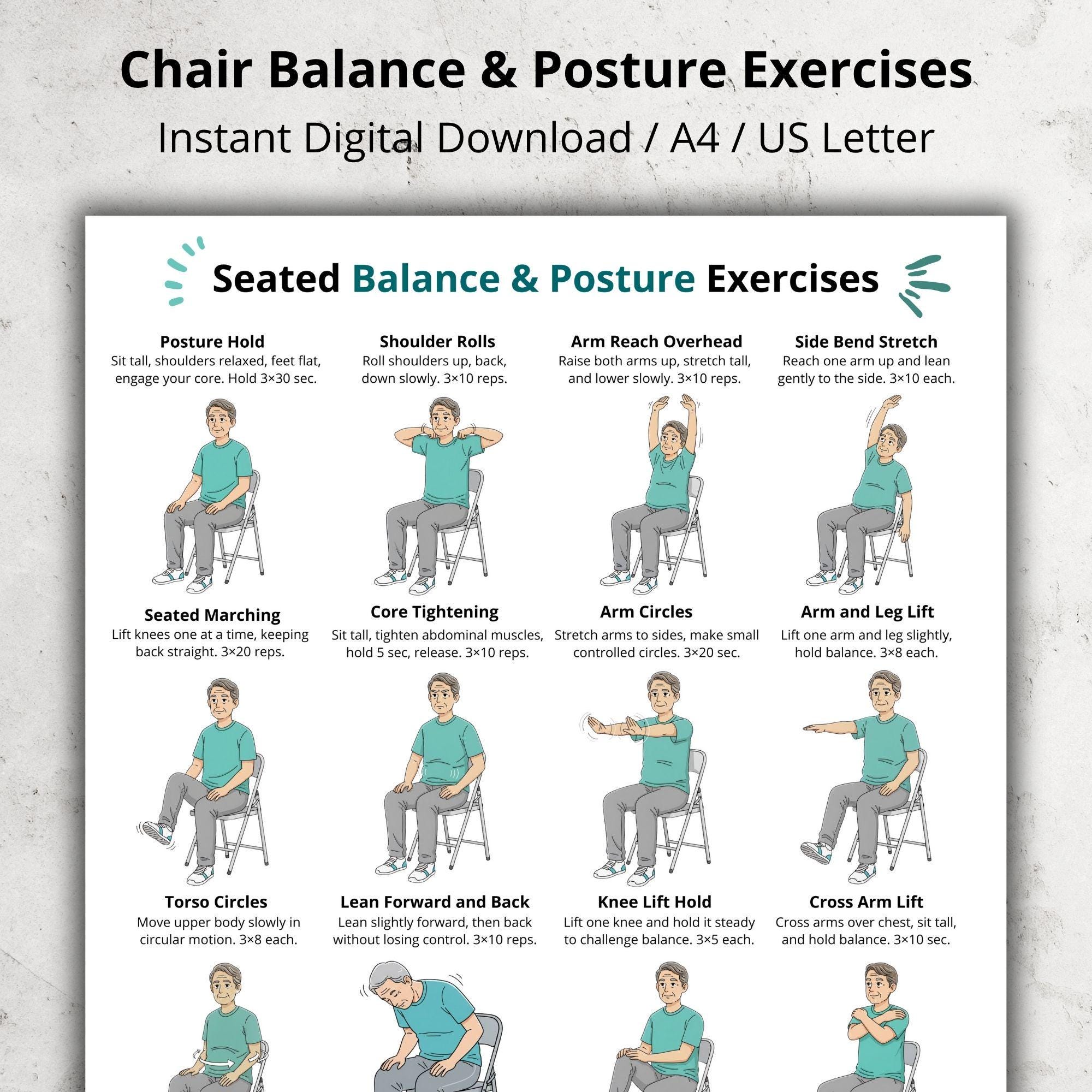 Seated Balance & Posture Exercises - Chair Workout Chart for Seniors ...