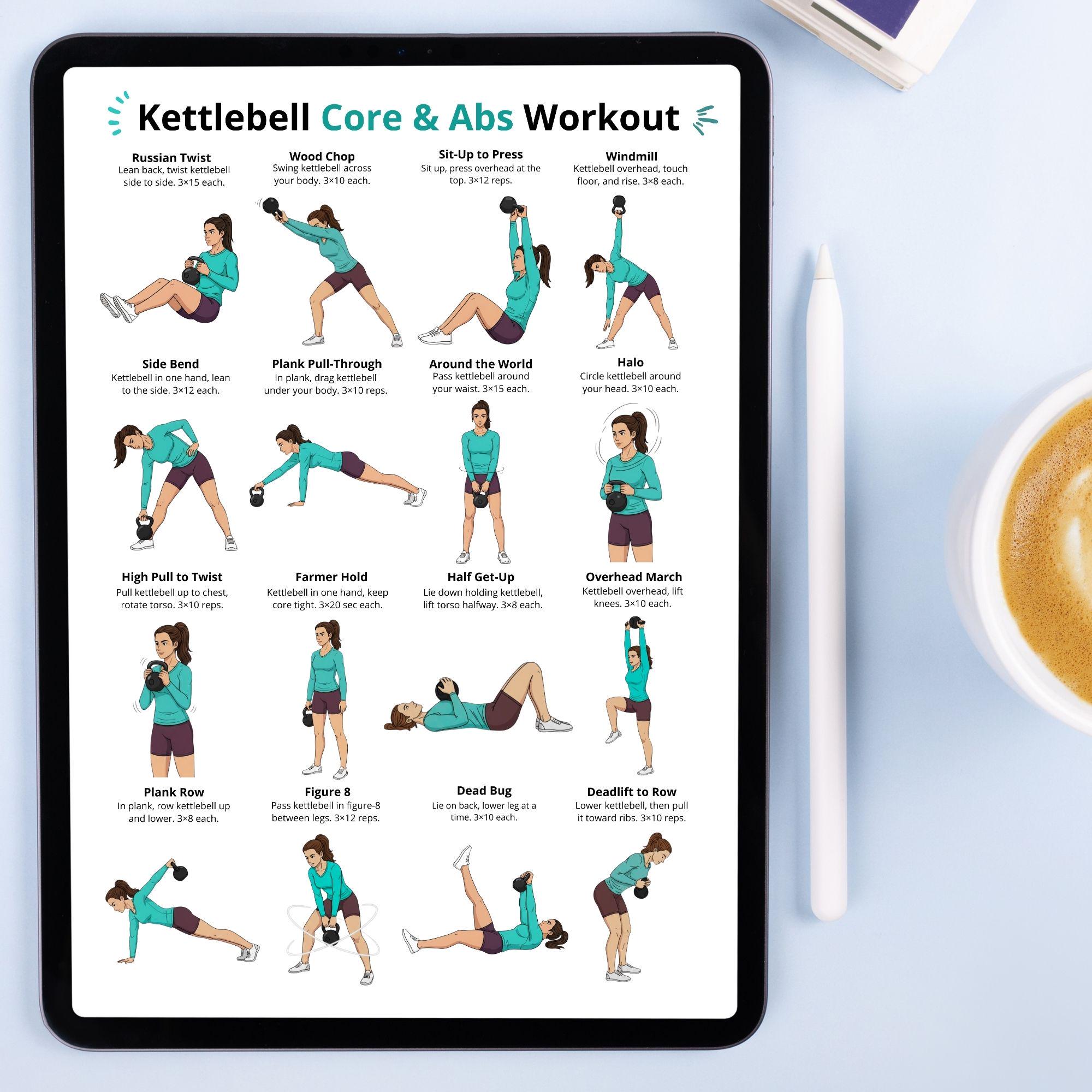 Kettlebell Core and Abs Workout Chart, Printable Abdominal and Oblique ...