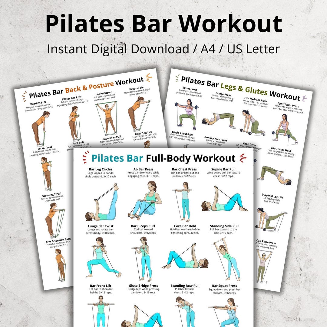 Pilates Bar Full Body Workout Poster Set – Legs, Glutes, Arms, Back and ...