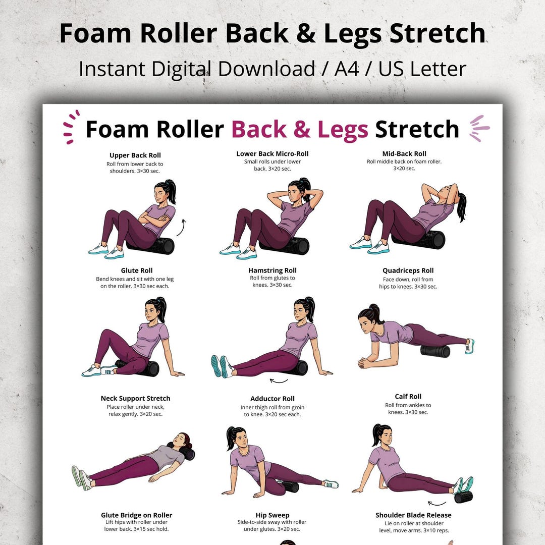 Foam Roller Back & Legs Stretch Poster, Printable Foam Roller Exercises ...