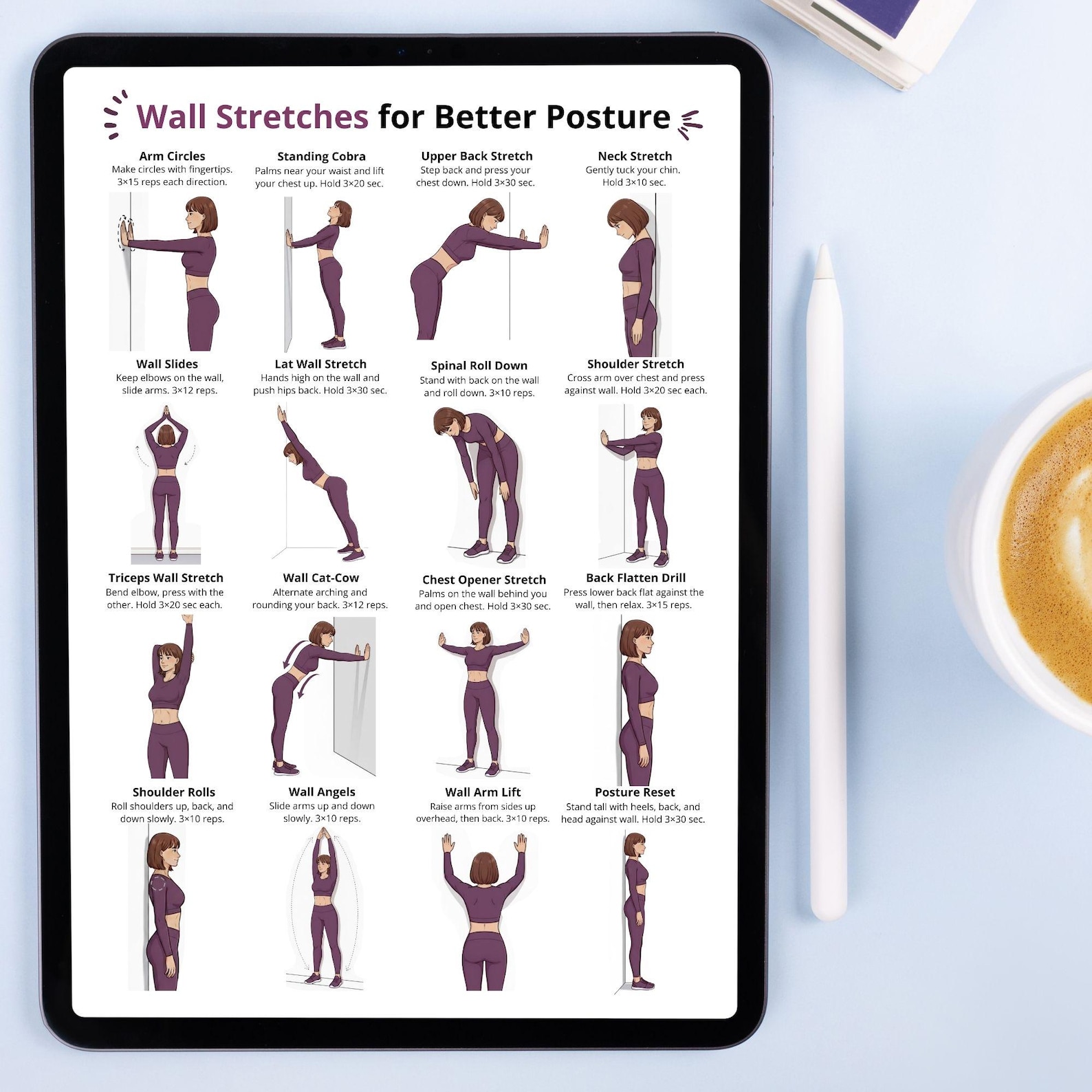 Posture Exercises Chart | Wall Stretch Routine | Standing Flexibility ...