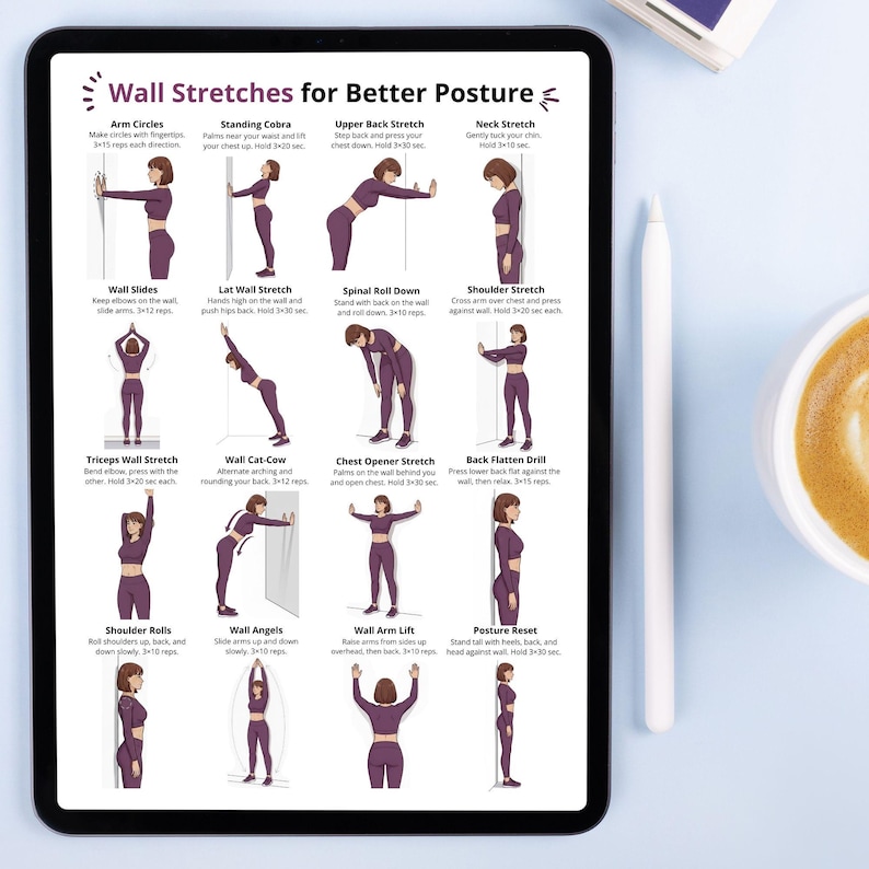 Posture Exercises Chart | Wall Stretch Routine | Standing Flexibility ...