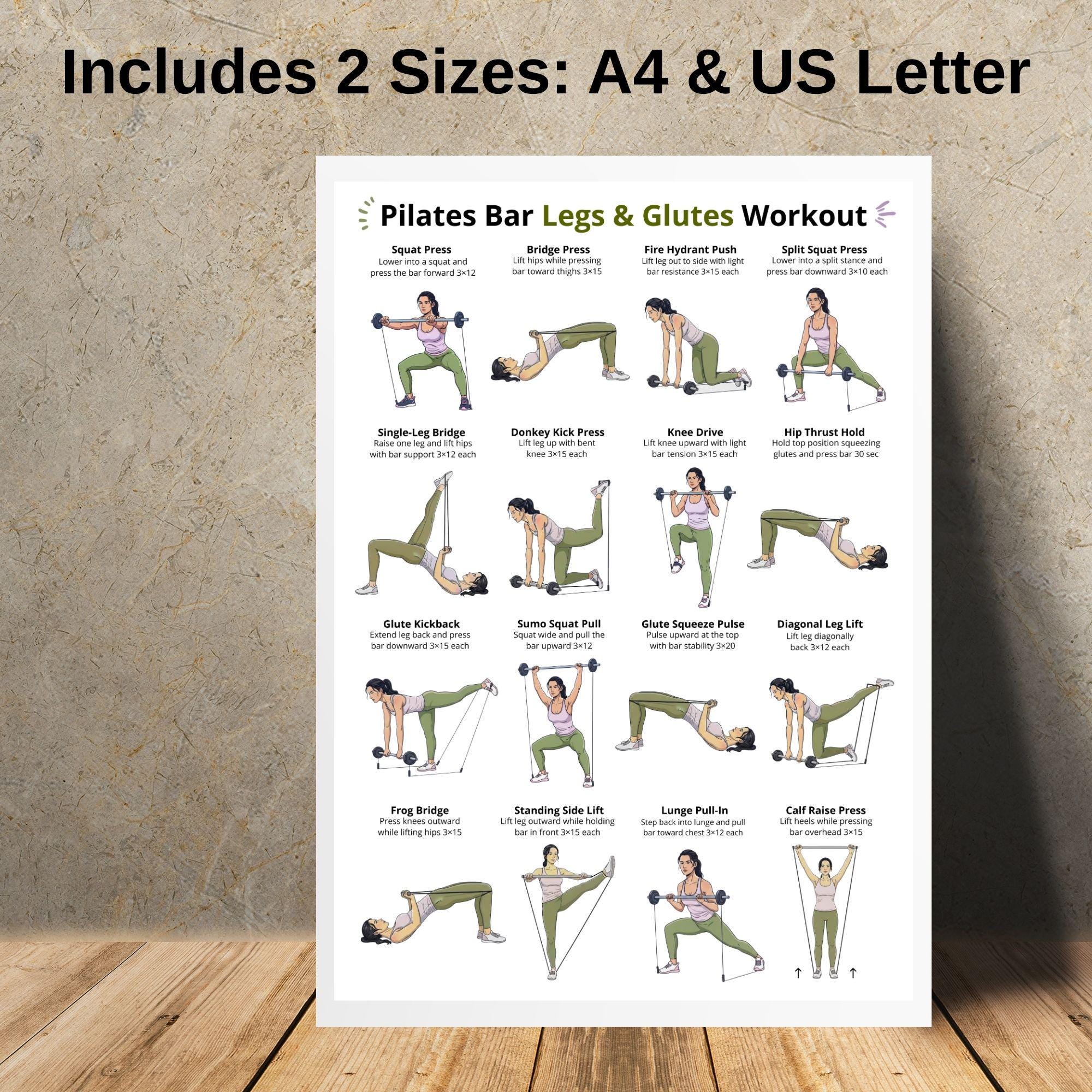 Pilates Bar Legs & Glutes Workout Poster, Lower Body Exercise Chart ...