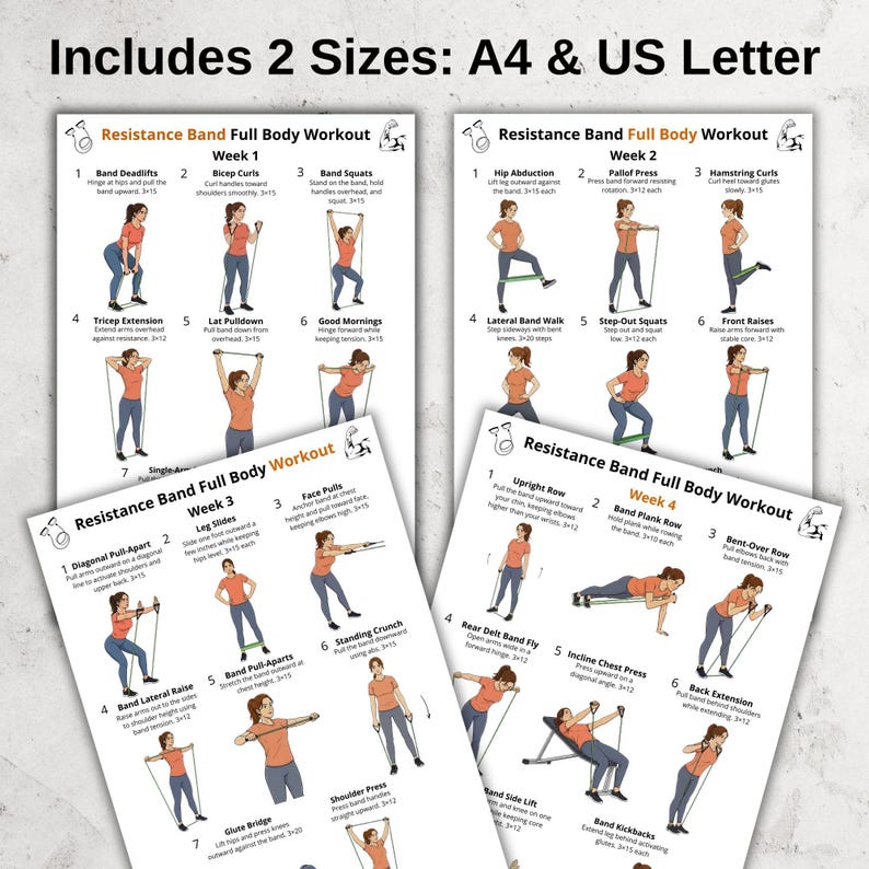 Resistance Band Full Body Workout Poster, 4 Week Band Exercise Chart ...
