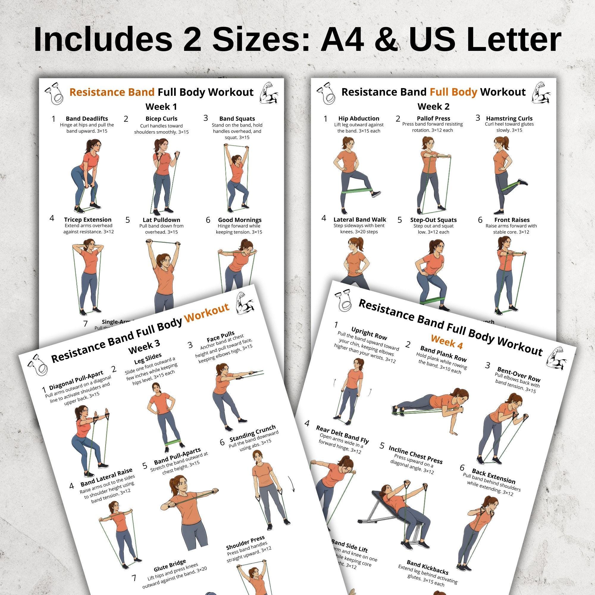 Resistance Band Full Body Workout Poster, 4 Week Band Exercise Chart ...