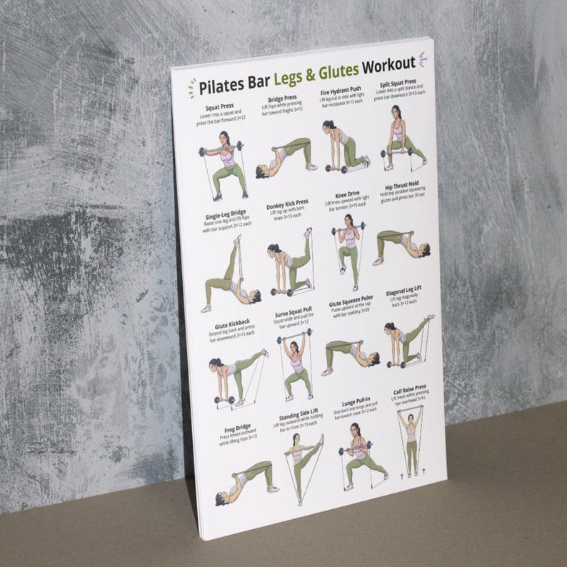 Pilates Bar Legs & Glutes Workout Poster, Lower Body Exercise Chart ...