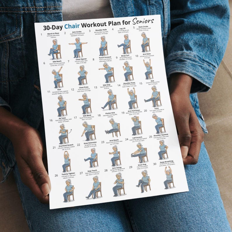 30 Day Chair Workout for Seniors, Seated Exercise Chart Printable PDF ...