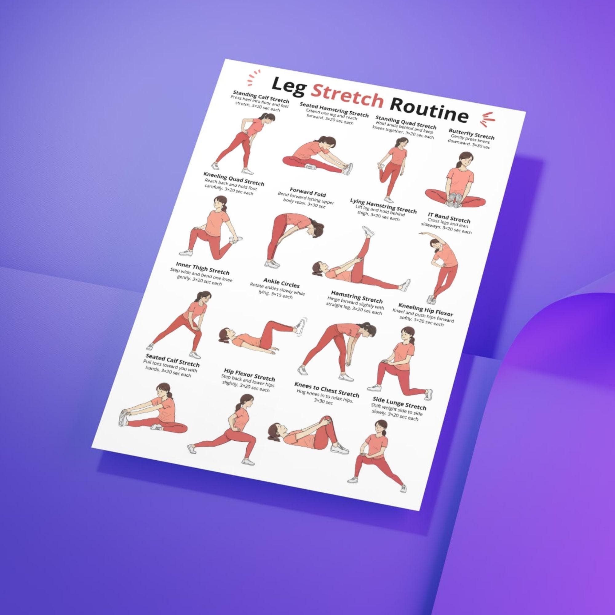 Leg Stretch Routine Printable Poster, Lower Body Stretching Exercises ...
