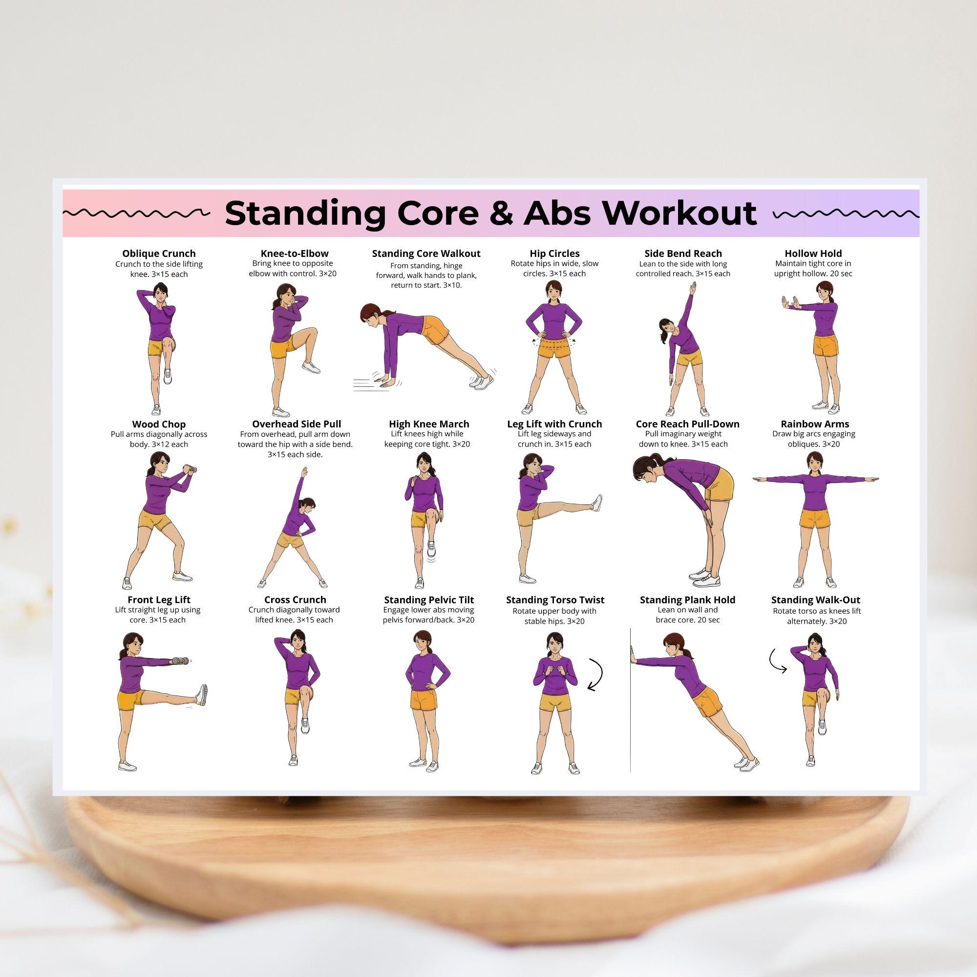 Standing Core & Abs Workout Poster, Standing Abdominal and Oblique ...