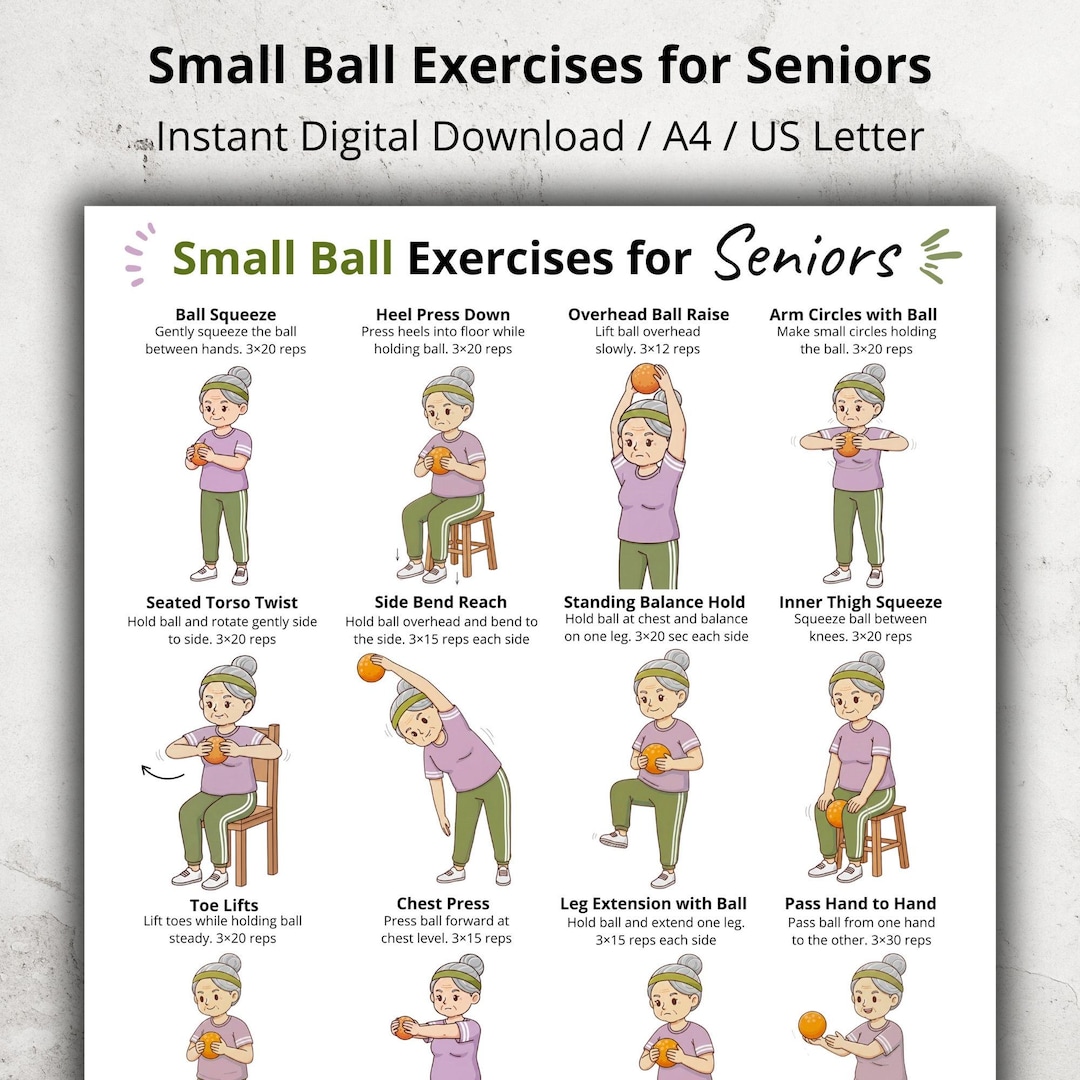 Small Ball Exercises for Seniors Printable, Seated and Standing Ball ...