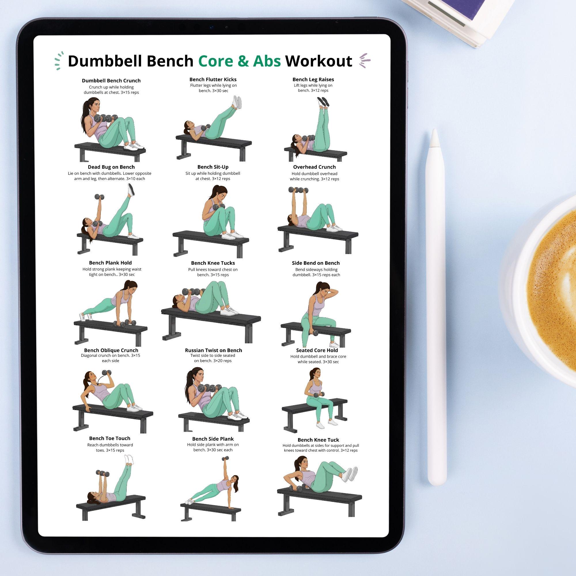 Dumbbell Bench Core and Abs Exercise Poster – Abdominal and Core ...