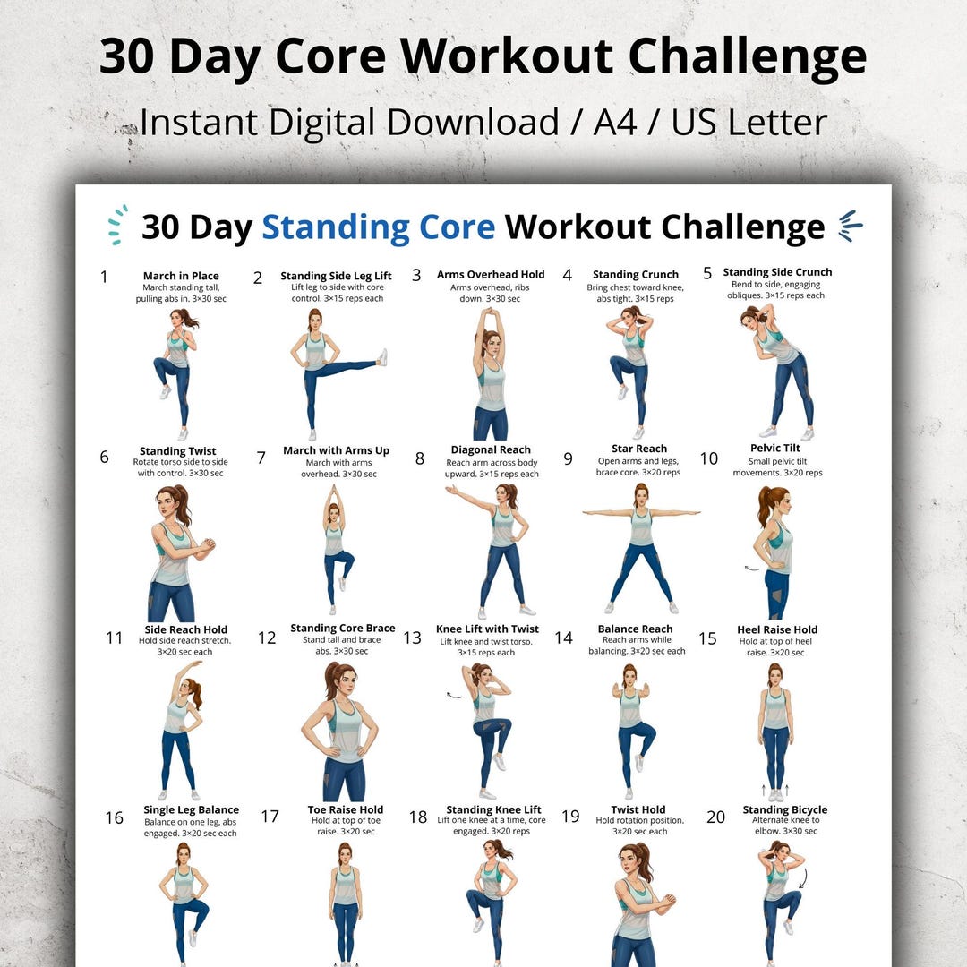 30 Day Standing Core Workout Challenge, No Equipment Core Exercise ...
