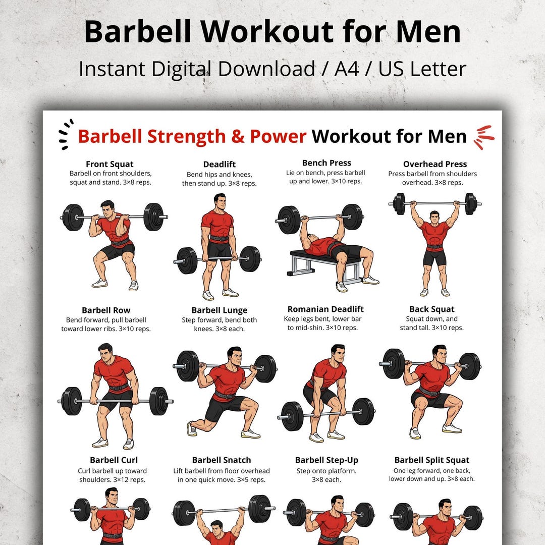 Barbell Workout for Men Printable Poster, Full Body Barbell Exercise ...