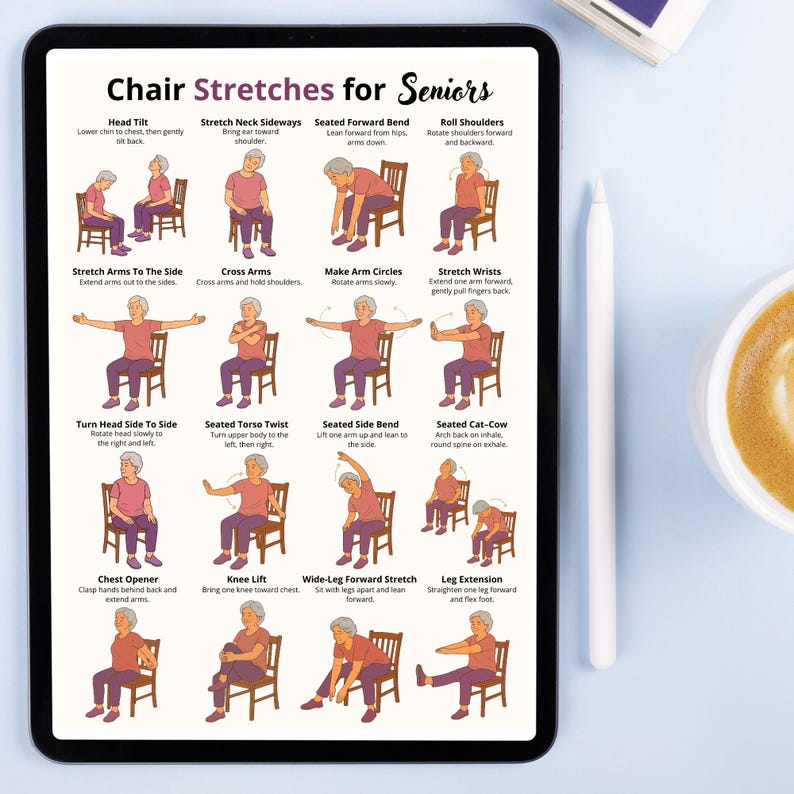 Chair Stretches for Seniors, Printable Seated Stretch Chart, Gentle ...