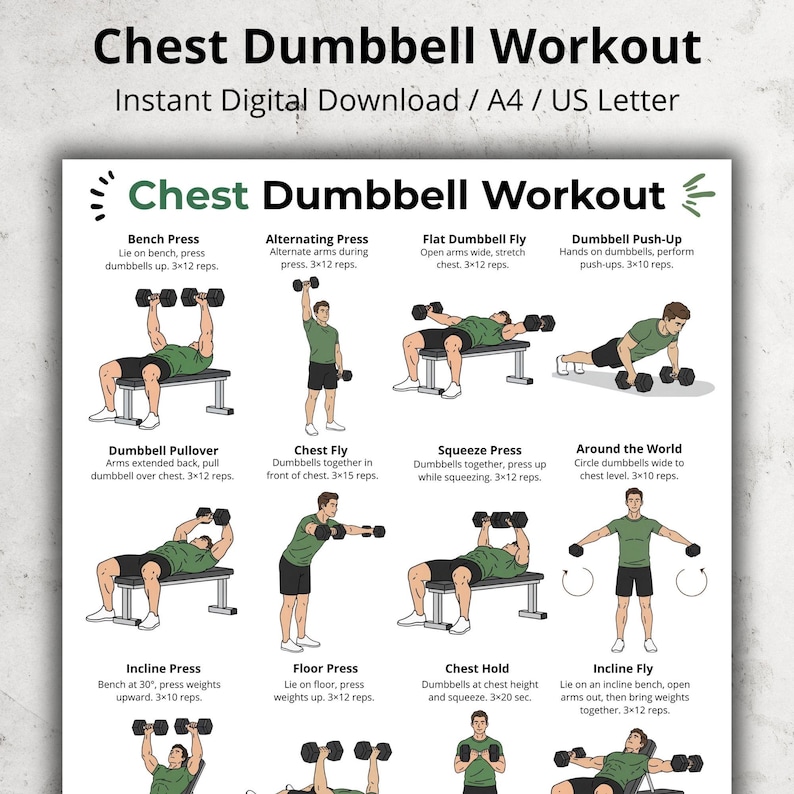 Chest Dumbbell Workout Poster, Upper Body Exercise Chart for Home Gym ...