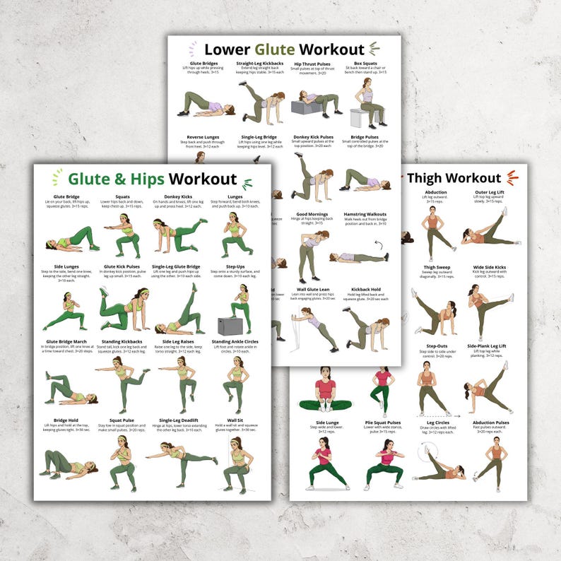 Glute, Hips & Thigh Workout Posters Set for Women, Lower Body Exercise ...